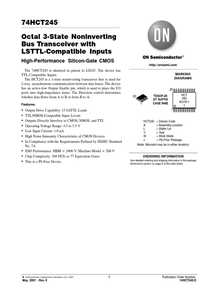 74HCT245 Octal 3-State Noninverting Bus Transceiver With LSTTL ...