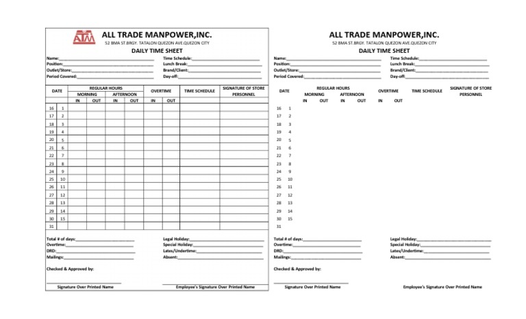All Trade Manpower, Inc. All Trade Manpower, Inc.: Daily Time Sheet ...