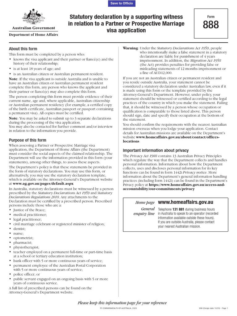 888 Statutory Declaration by A Supporting Witness in Relation To A ...