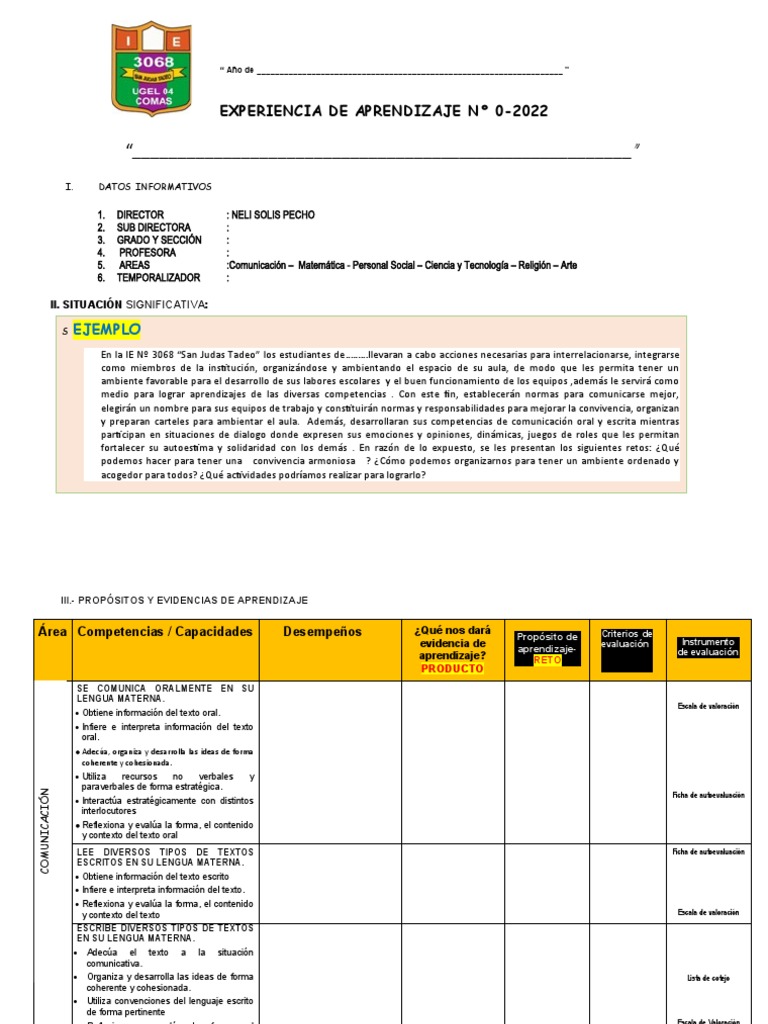 Esquema-Experiencia de Aprendizaje - 2022 | Descargar gratis PDF | Aprendizaje | Evaluación
