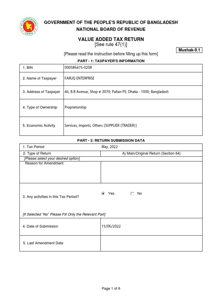 Mushak-9.1 VAT Return Form Guide | PDF | Value Added Tax | Taxes