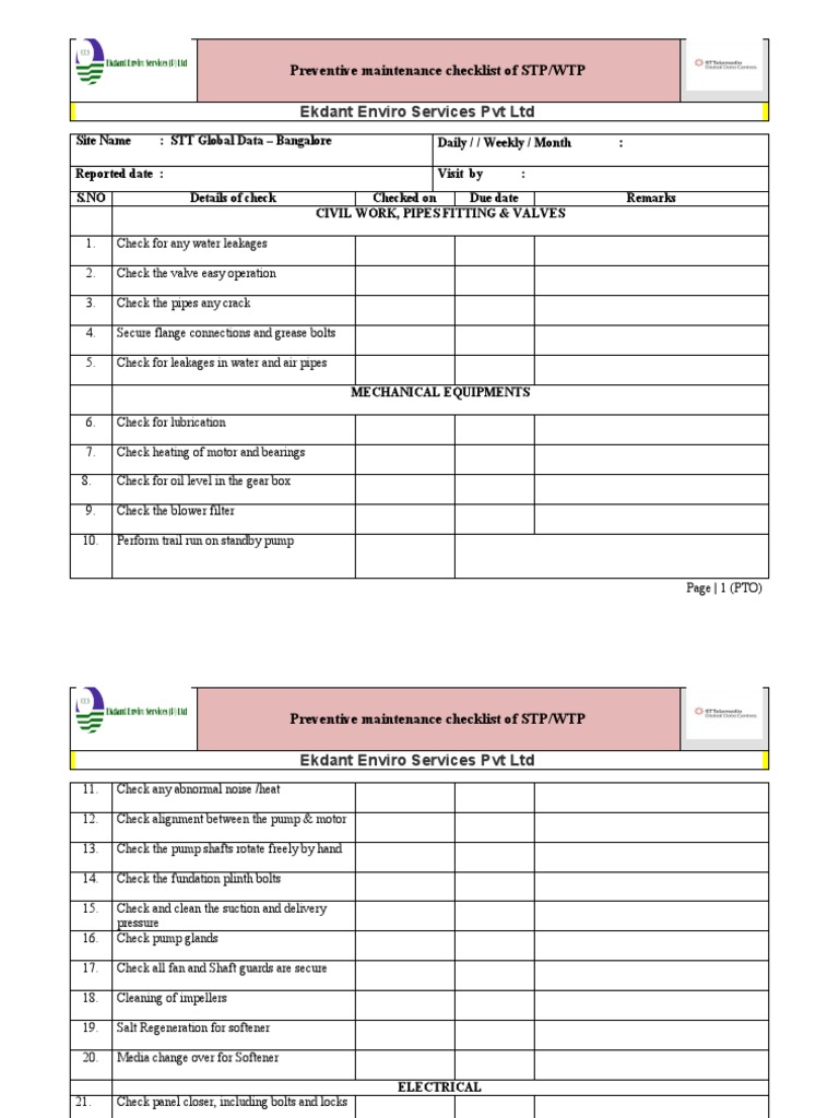 Ees_preventive Maintenance Checklist (1) (1) | PDF | Pump | Applied And ...