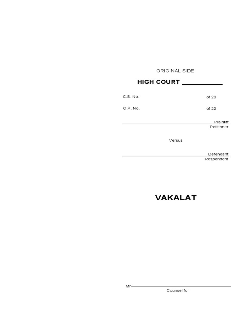 Original Side Vakalat Form | PDF