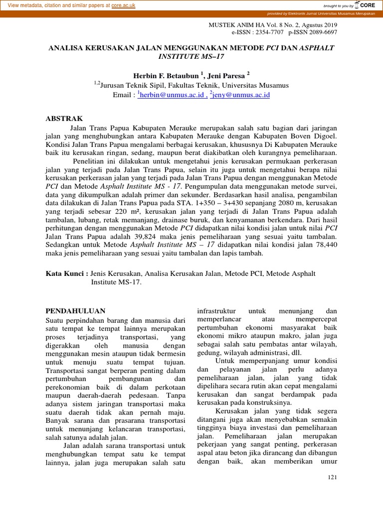 Analisa Kerusakan Jalan Menggunakan Metode Pci Dan Asphalt: Herbin F. Betaubun, Jeni Paresa | PDF
