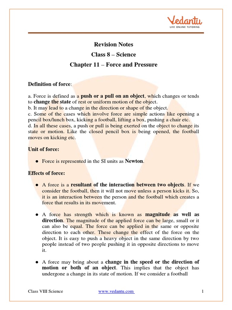 Class 8 Science Chapter 11 Revision Notes | PDF | Force | Pressure