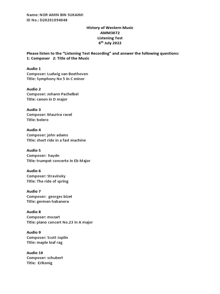Western Music Listening Test Guide | PDF