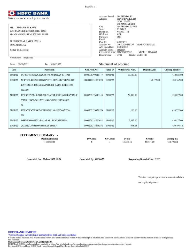Statement of Account: Date Narration Chq./Ref - No. Value DT Withdrawal ...