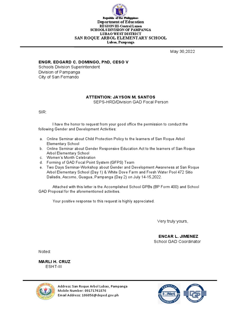 GAD Activities Request for San Roque Arbol | PDF