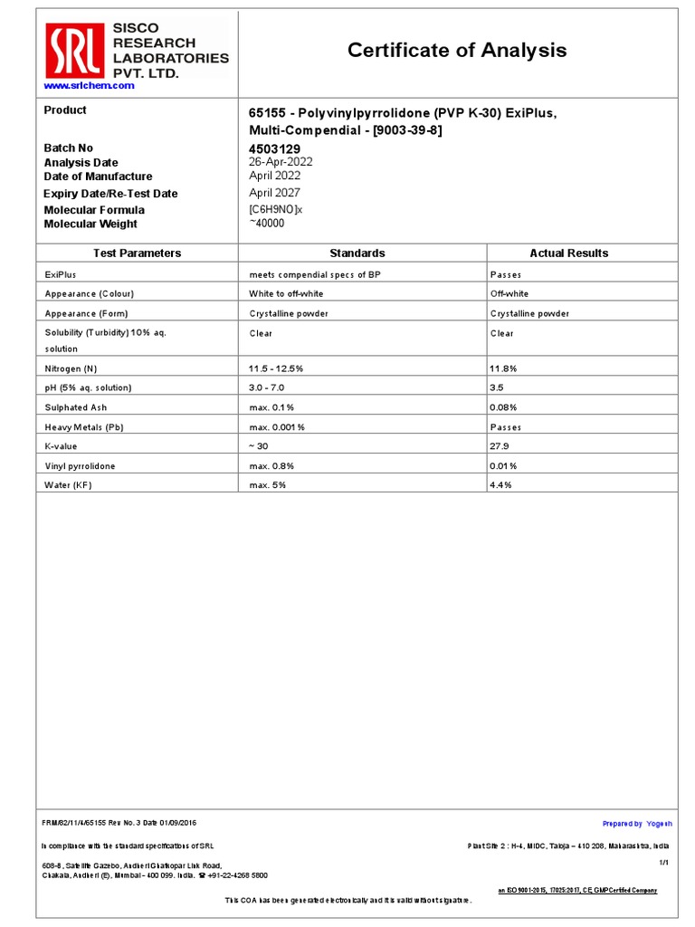 Certificate of Analysis: 65155 - Polyvinylpyrrolidone (PVP K-30 ...