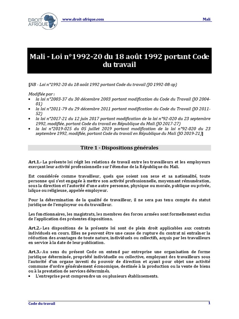 Mali Code Du Itravail 1992 | PDF | Droit privé | Travail