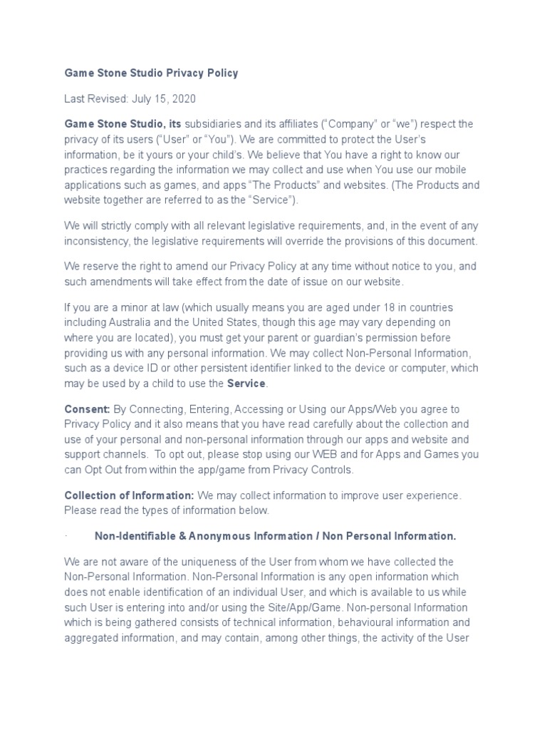Game Stone Studio Privacy Policy | PDF | Mobile App | Privacy