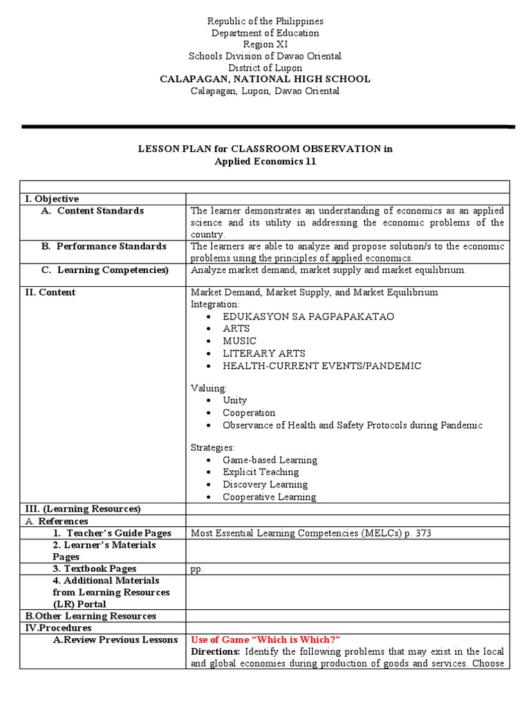 Applied Economics Lesson Plan for Grade 11 | PDF | Demand | Supply ...