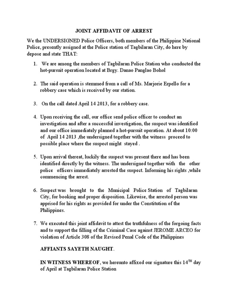 Joint Affidavit of Arrest | PDF