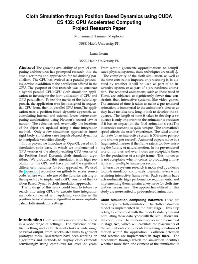 Cloth Simulation Through Position Based Dynamics Using CUDA CS 432: GPU Accelerated Computing ...