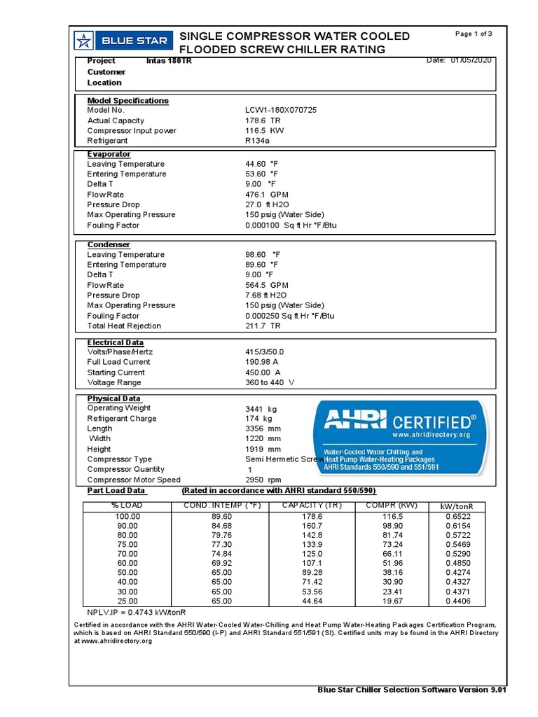 AHRI Certified Performance Sheet 180TR Water Cooled Screw Chiller | PDF ...