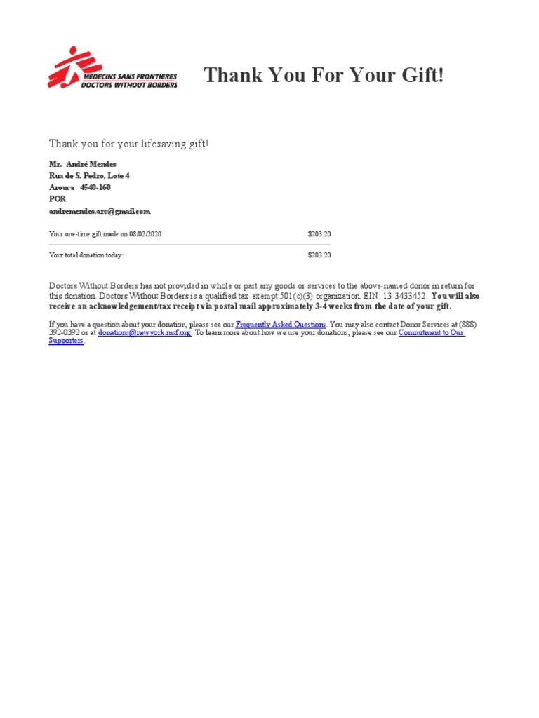 MSF USA Donation Receipt | PDF