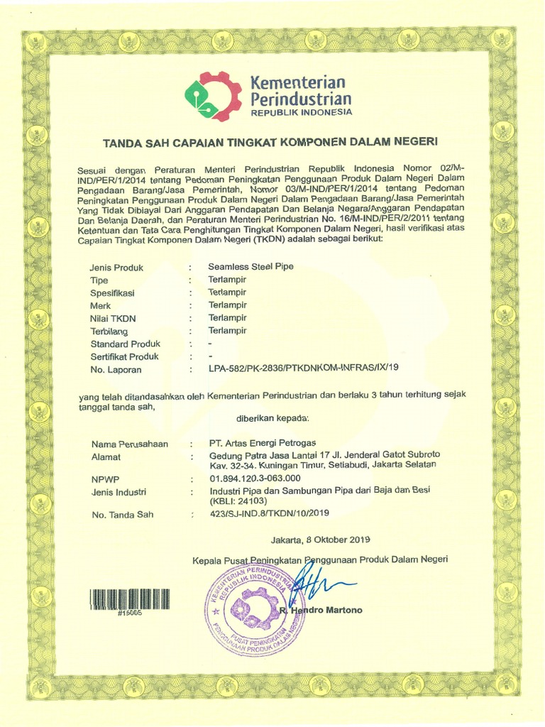 Artas Sertifikat TKDN-Green Pipe and Line Pipe | PDF