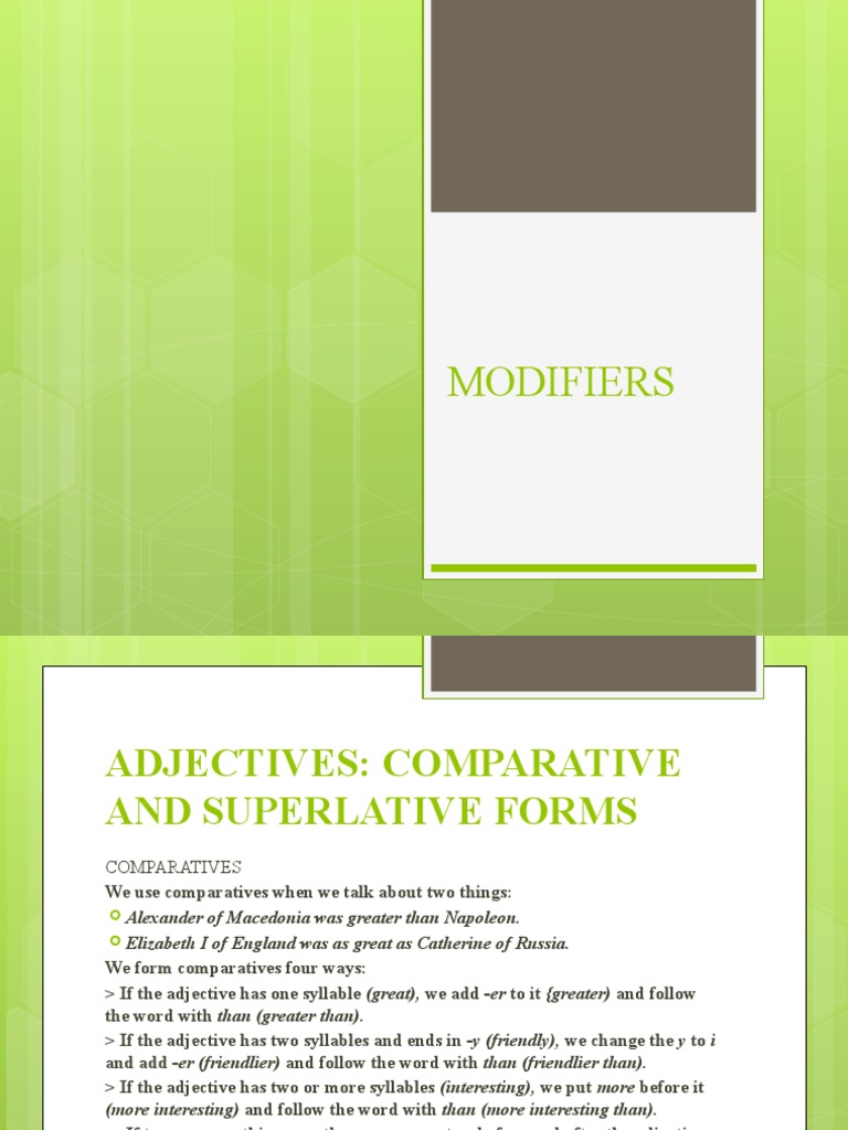 Adjective and Adverb Modifiers Guide | PDF | Verb | Adjective