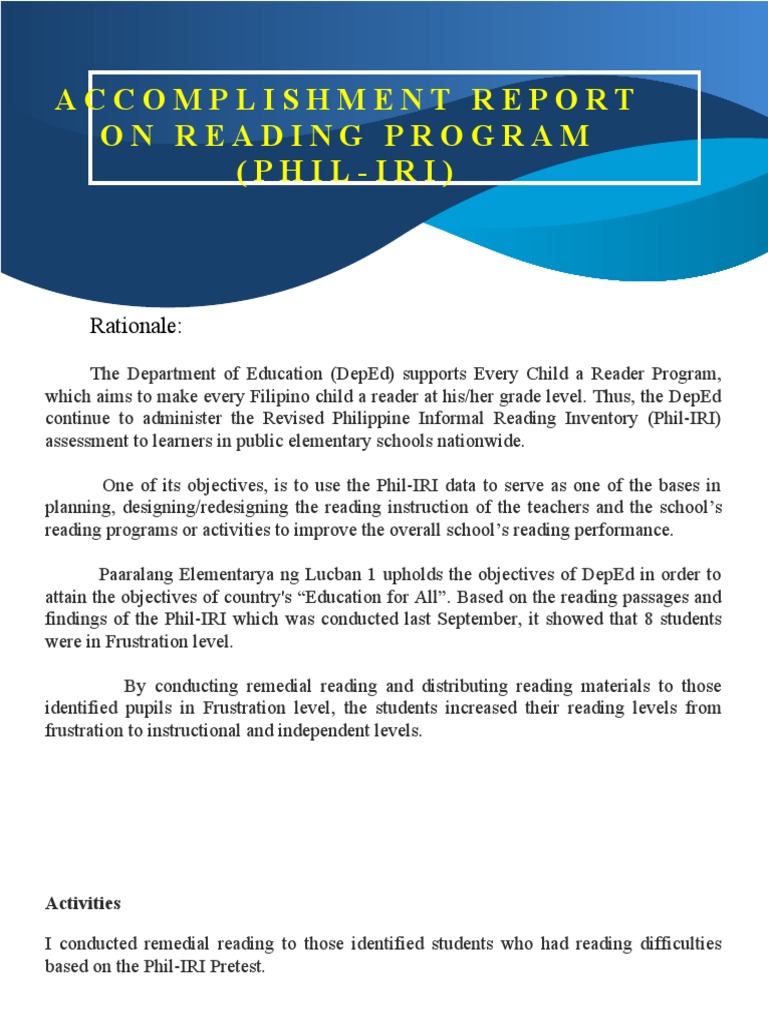 Accomplishment Report On Reading Program (Phil-Iri) : Rationale | PDF ...