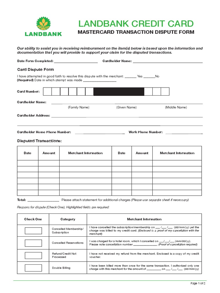 1650511304 LANDBANK Credit Card Mastercard Transaction Dispute Form ...