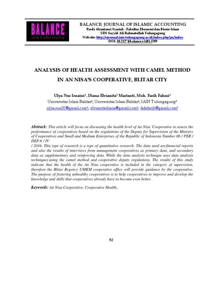 Analysis of Health Assessment With Camel Method in An Nisa'S ...