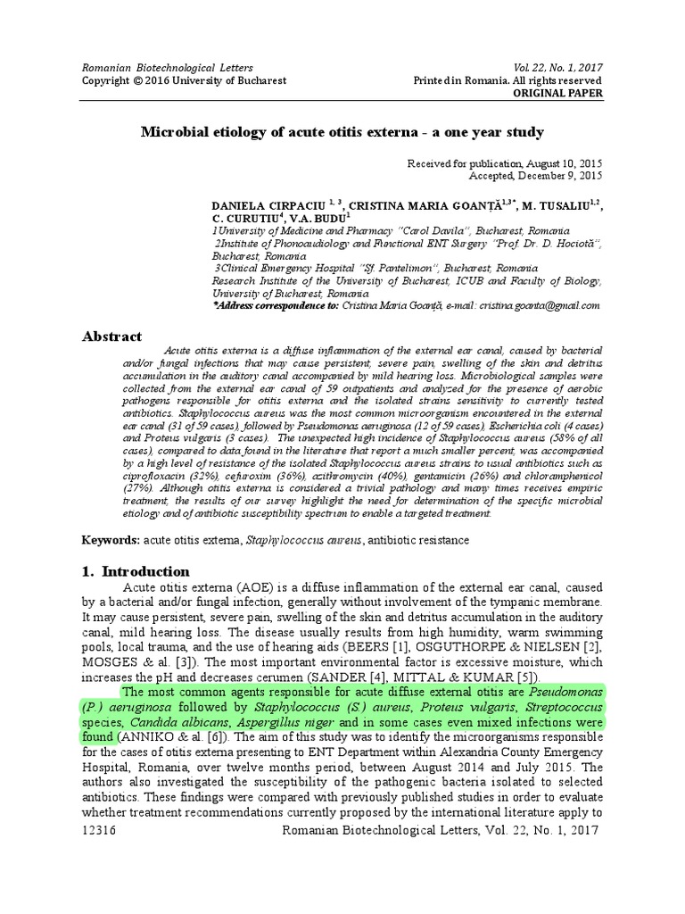 Microbial Etiology of Acute Otitis Externa - A One Year Study | PDF ...