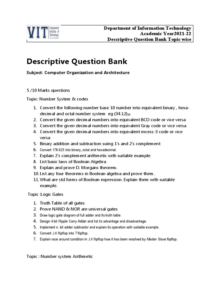 COA - Question Bank - Descriptive - New - 2021 - 22 | PDF | Logic Gate ...