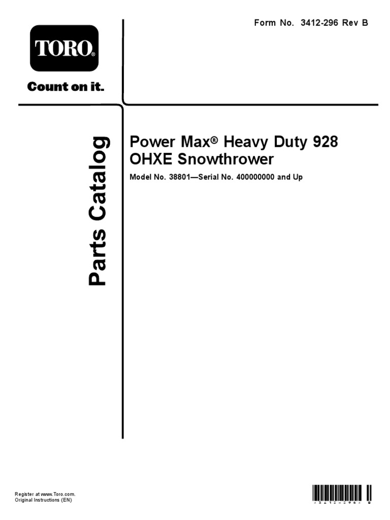 Toro Model 38801 PowerMax 928 OHXE Snowblower Parts Manual | PDF ...