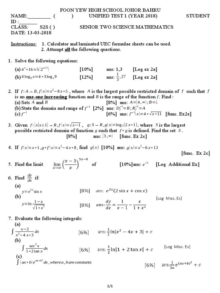 Unified Test 1 (Answer Sheet) | PDF