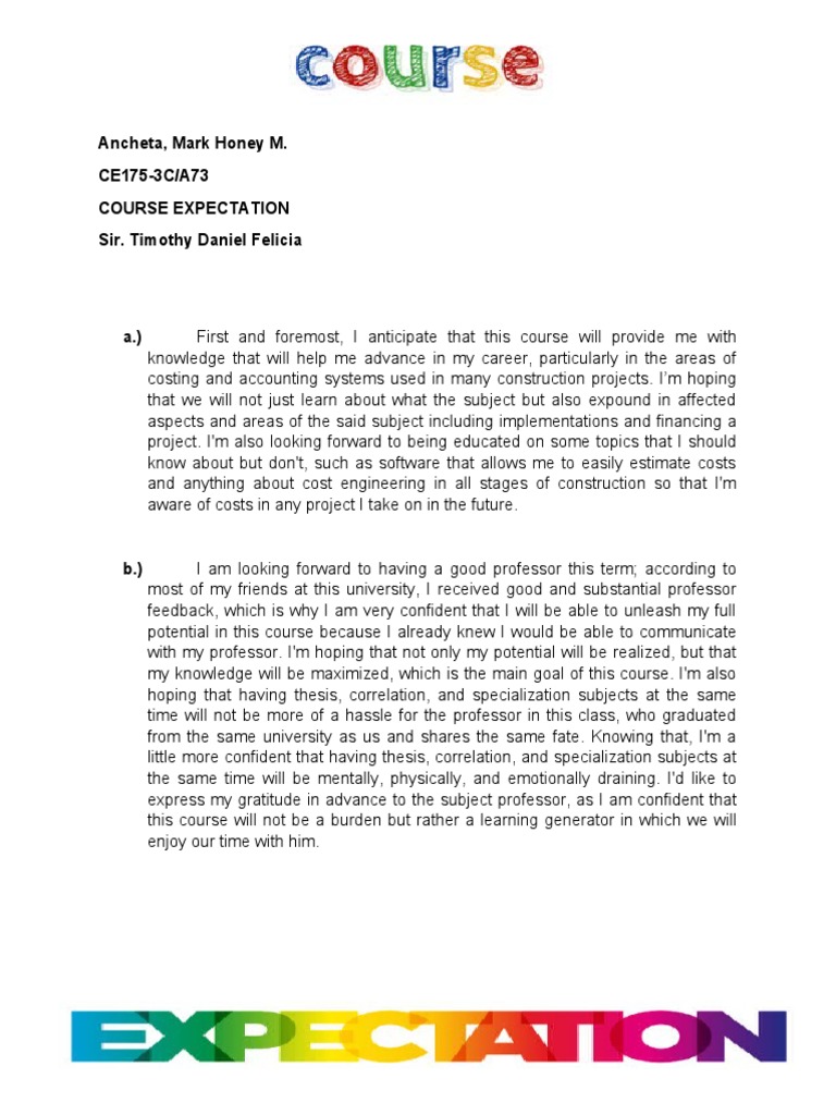 Ancheta, Mark Honey M. CE175-3C/A73 Course Expectation Sir. Timothy Daniel Felicia | PDF ...
