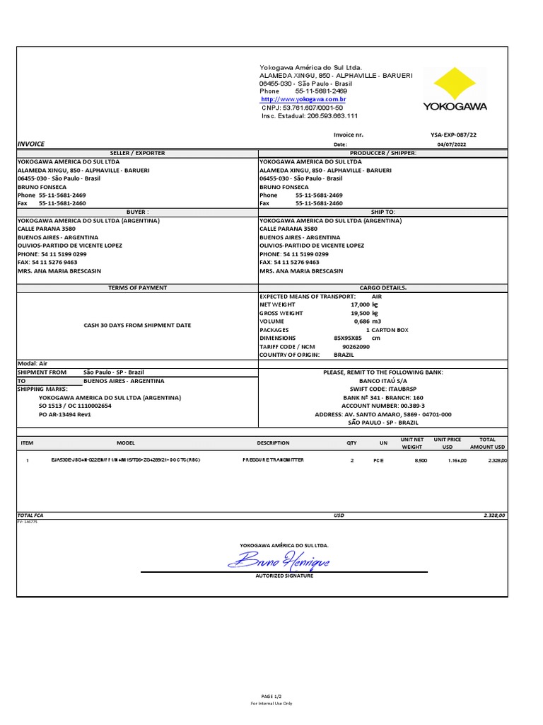 Yokogawa Brazil to Argentina Invoice | PDF | Economies | Service Industries