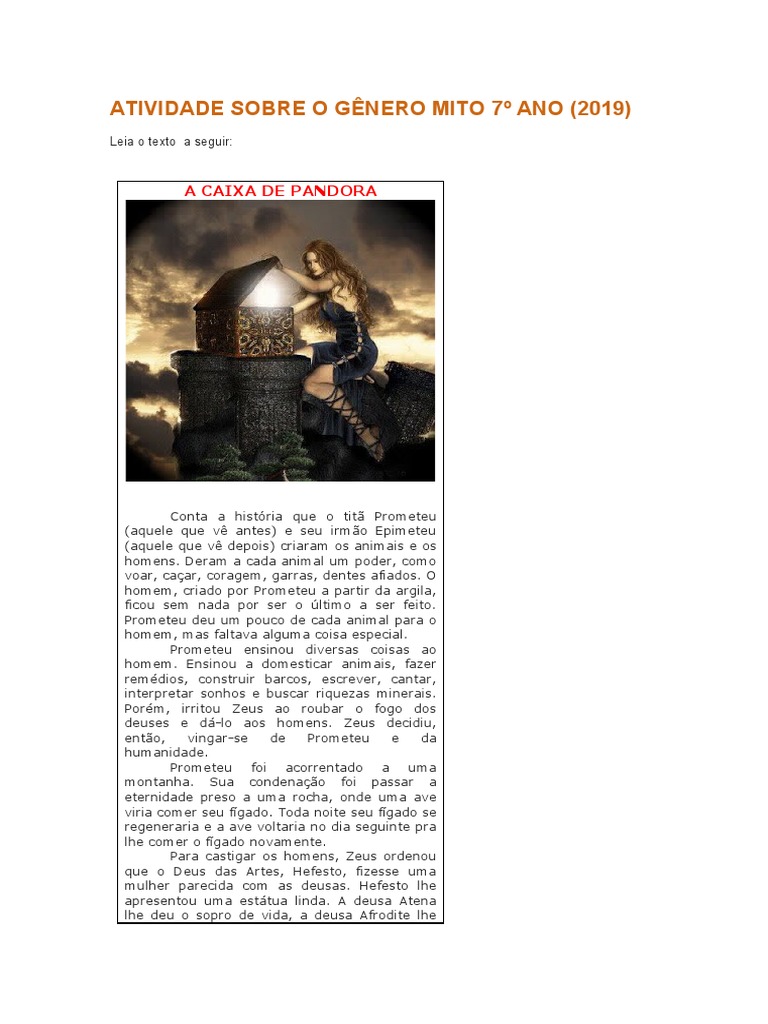 Atividade Sobre o Gênero Mito 7º Ano | PDF | Prometeu