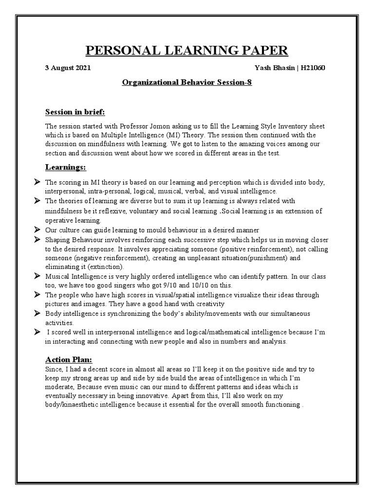 Personal Learning Paper: Organizational Behavior Session-8 Session in ...