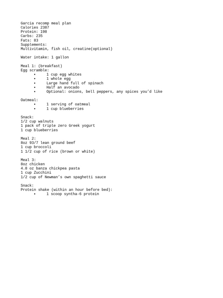 Garcia Recomp Meal Plan | PDF | Cooking, Food & Wine