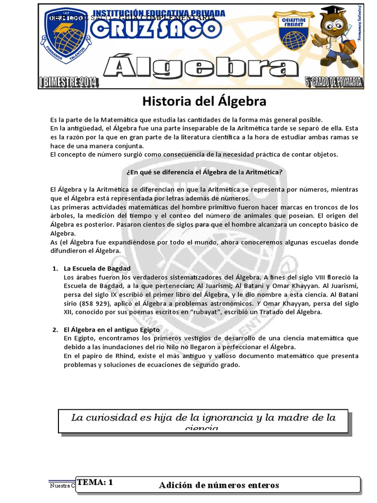 Algebra - 5to Grado - I Bimestre - 2014 | PDF | Álgebra | Aritmética