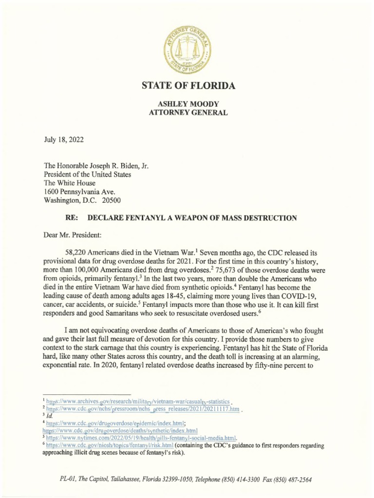 7.18.22 Florida AG WMD Letter | PDF | Fentanyl | Weapons Of Mass ...