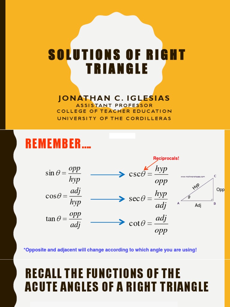 Solutions of Right Triangle (Lecture) | PDF | Trigonometric Functions | Triangle