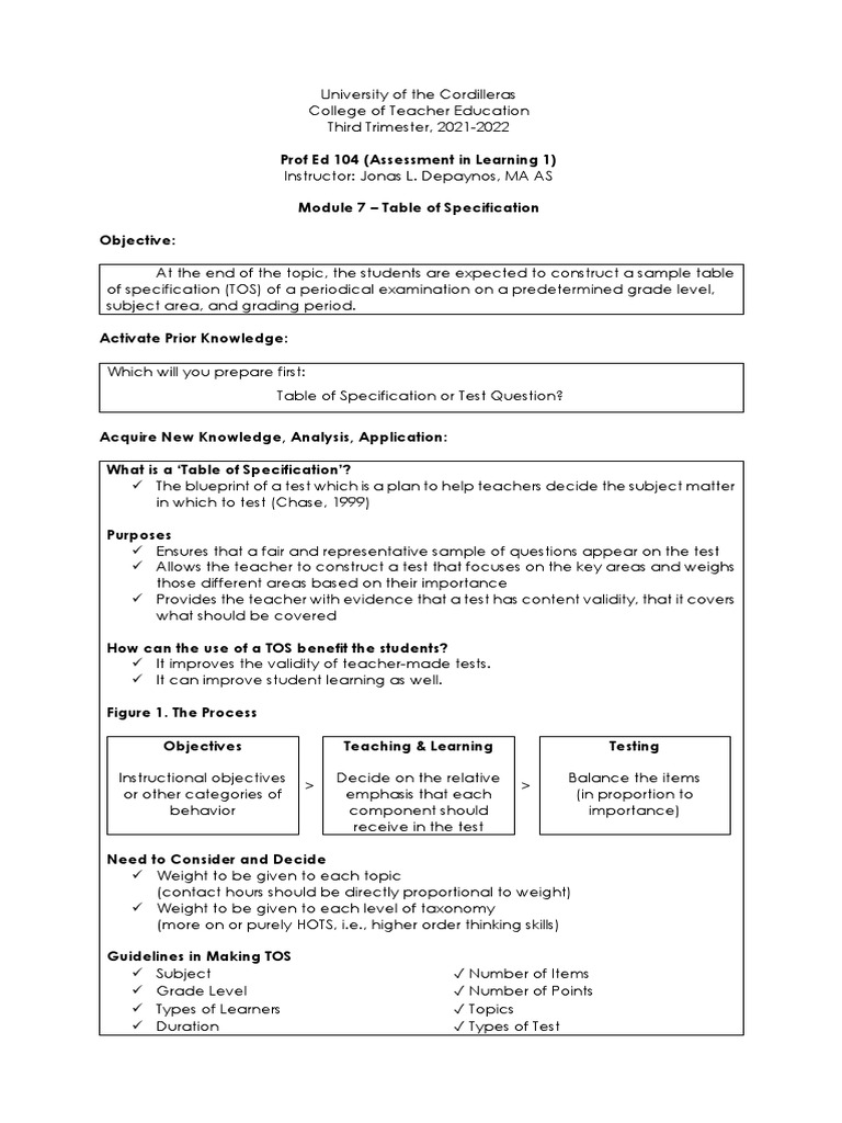 TOS - Final | PDF | Educational Assessment | Teachers
