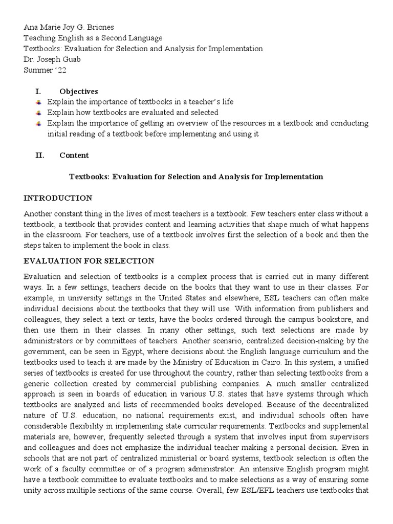 Textbooks Evaluation For Selection and Analysis For Implementation ...