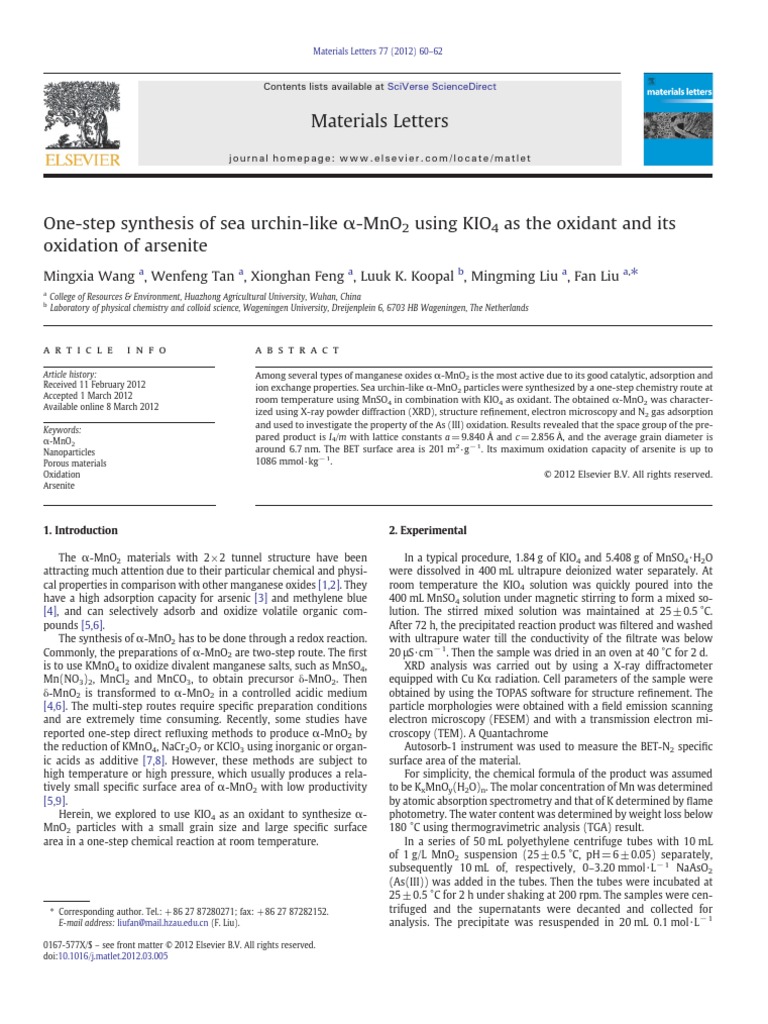 synthesis of α-MnO2 using KIO4 | PDF | Chemical Reactions | Adsorption