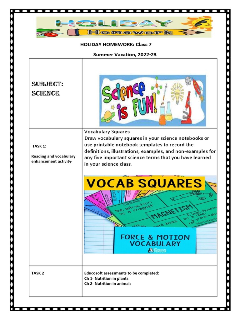 Class 7 Science Holiday Homework 2022-23 | PDF