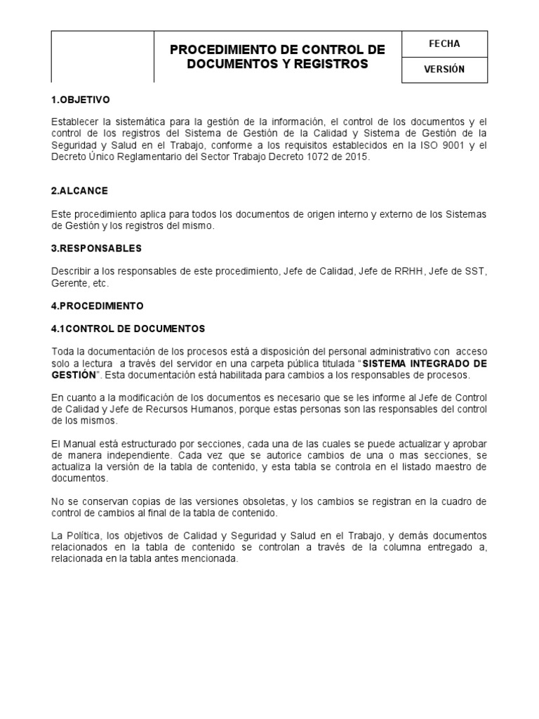 Procedimiento de Control de Documentos y Registros | PDF | Archivo de ...