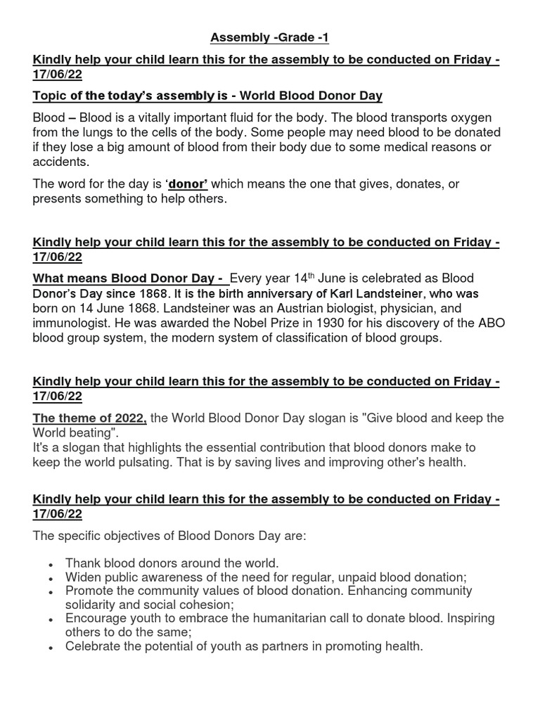 World Blood Donor Day Assembly Guide | PDF | Blood Donation | Tissue ...