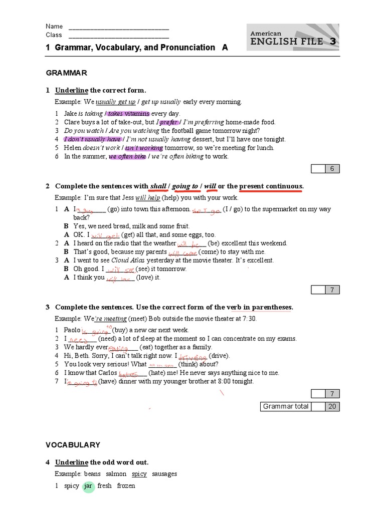 1 Grammar, Vocabulary, and Pronunciation A: Grammar 1 Underline The Correct Form | Download Free ...