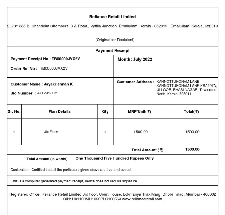 Reliance Retail Limited: Payment Receipt No: TB00000JVX2V | PDF