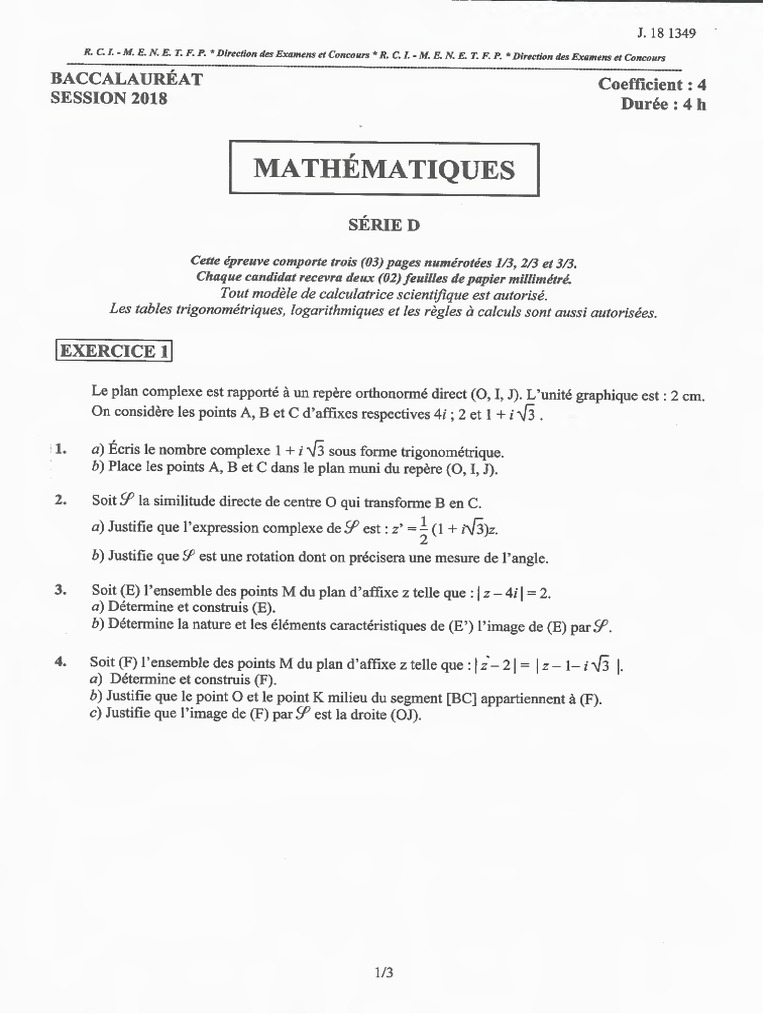Bac Maths 2018 - Série D Corrigé | PDF | Fonction (Mathématiques ...