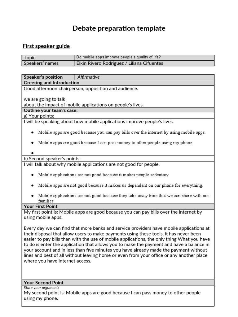 Debate Preparation Template: First Speaker Guide | PDF | Mobile App ...