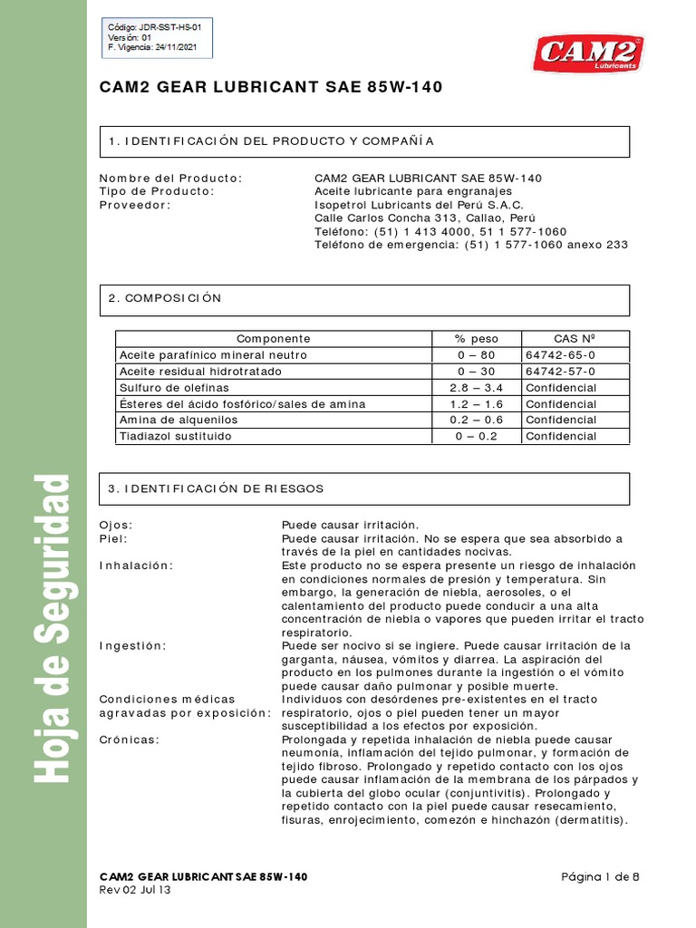 01 - Msds - Gear Lubricant Sae 85w140 | PDF | Agua | Química