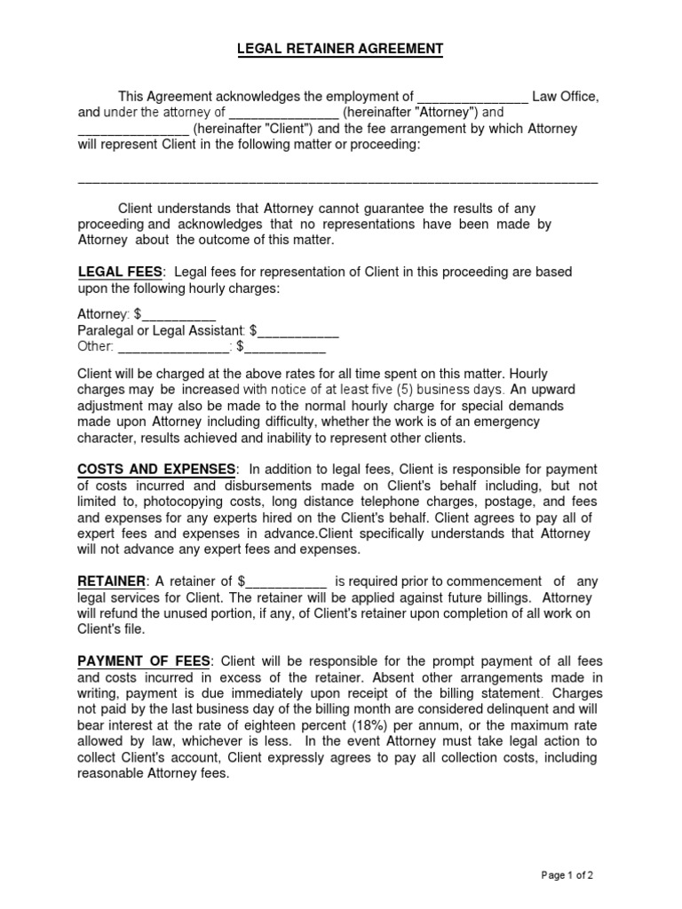 Legal Retainer Agreement Sample 1 | PDF | Costs In English Law ...