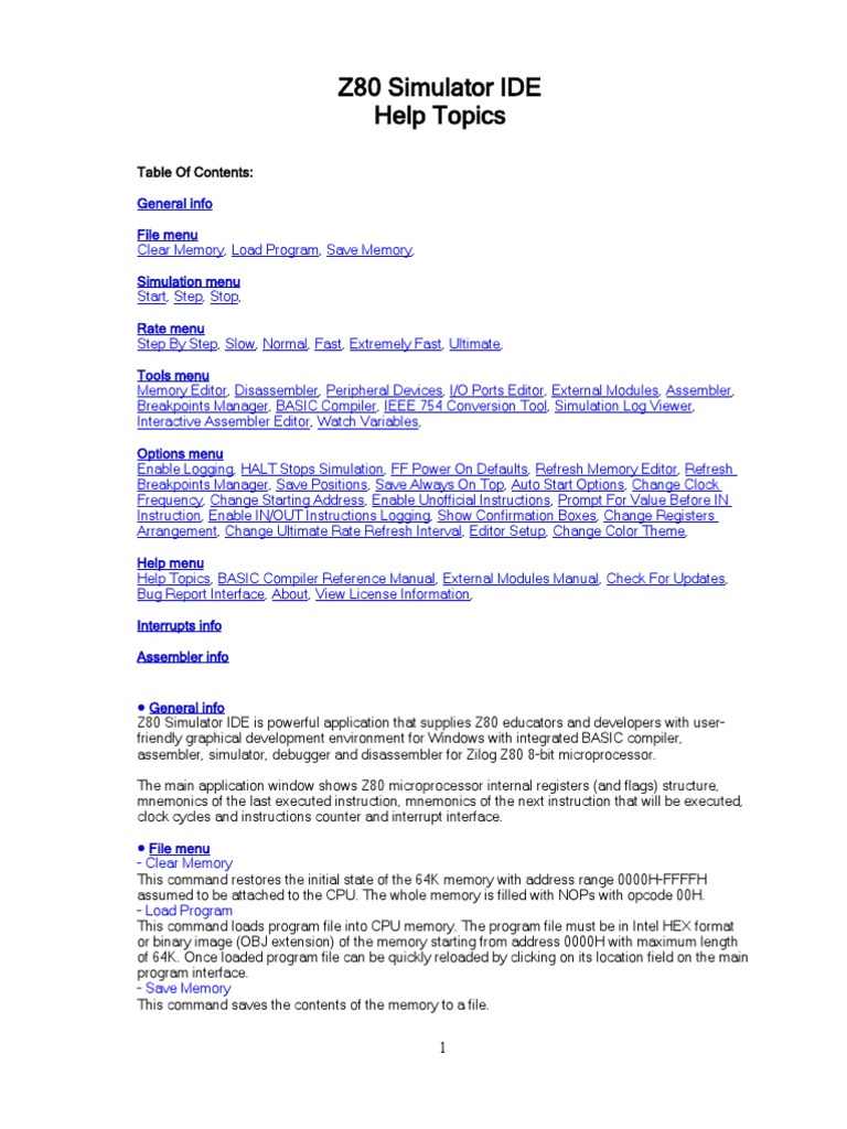 Z80 Simulator IDE Help Topics: General Info File Menu | PDF | Computers